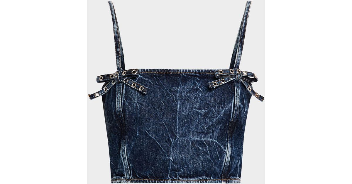 Ganni Crinkled Denim Bow Strap Top in Blue | Lyst