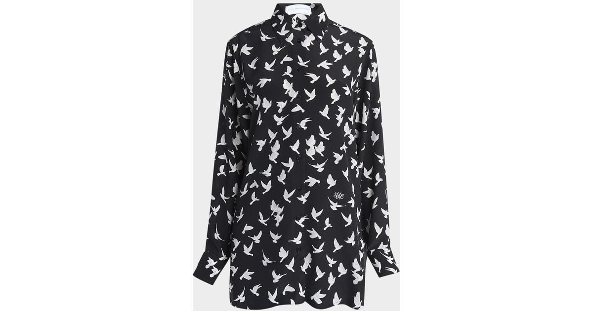 Stella McCartney Flying Bird Silk Oversized Button-Down Shirt in Black | Lyst