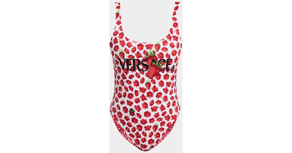 Versace Strawberry Garden Barocco Reversible One-Piece Swimsuit in Red ...