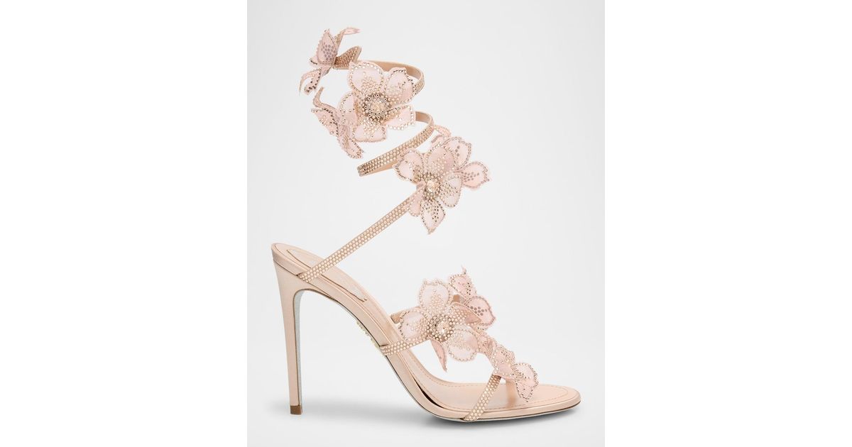 Rene Caovilla Floraine Crystal Flowers Satin Snake-Wrap Sandals in Pink ...