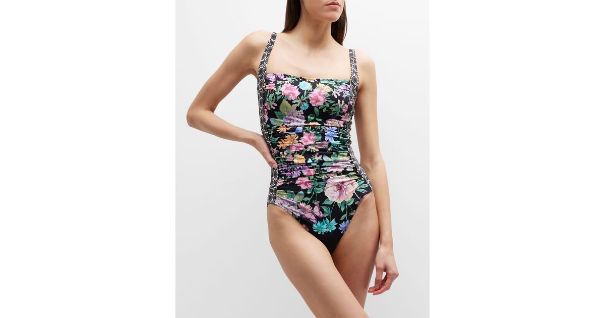 Johnny Was Floral Ruched One Piece Swimsuit In Blue Lyst