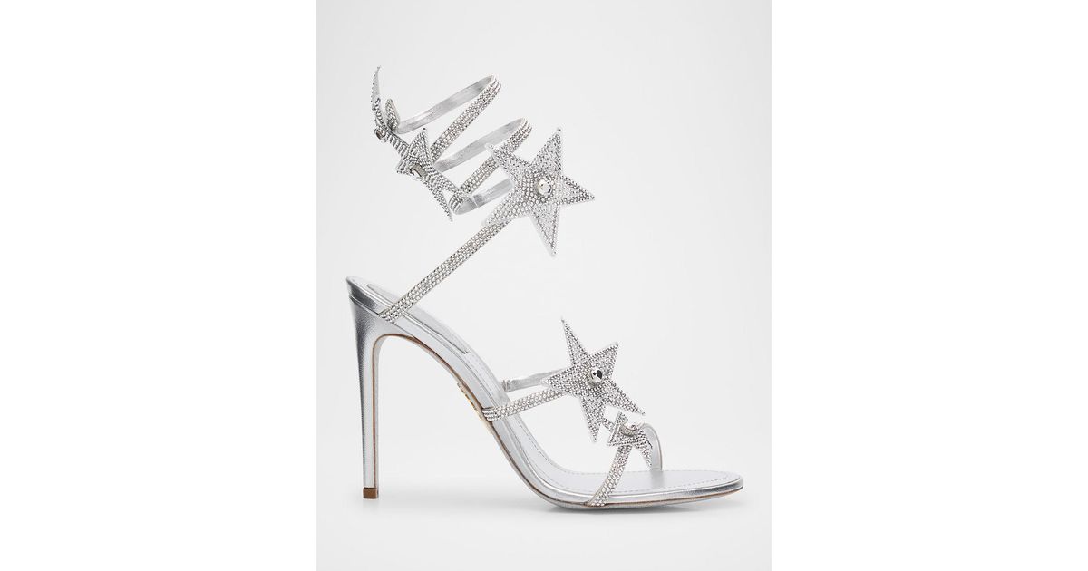 Rene Caovilla Cleo Crystal Star Satin Snake-Wrap Sandals in White | Lyst