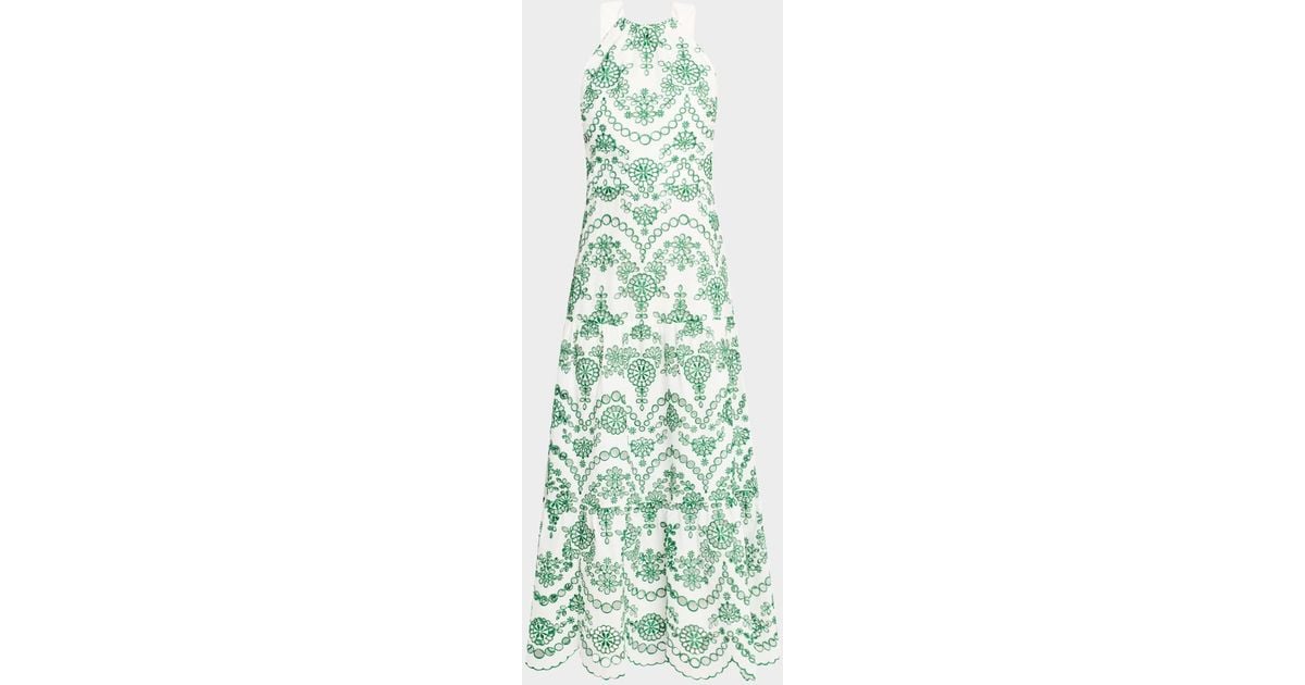 MILLY Hayden Scalloped Eyelet Halter Maxi Dress in Green | Lyst