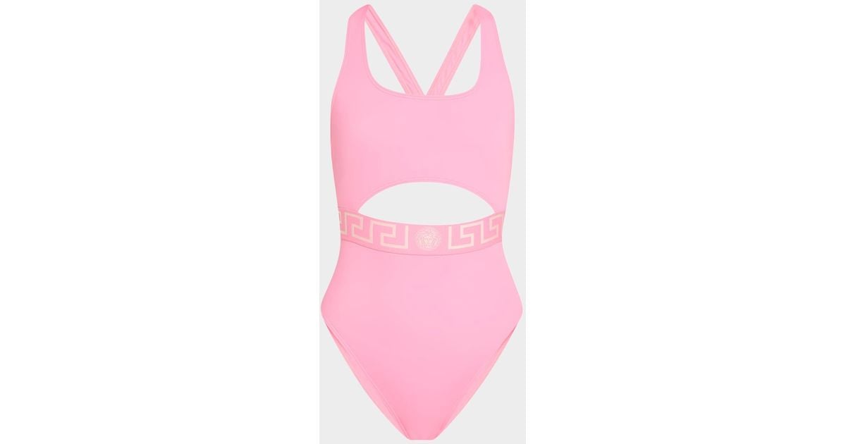 Versace Greca Border Cutout One-Piece Swimsuit in Pink | Lyst
