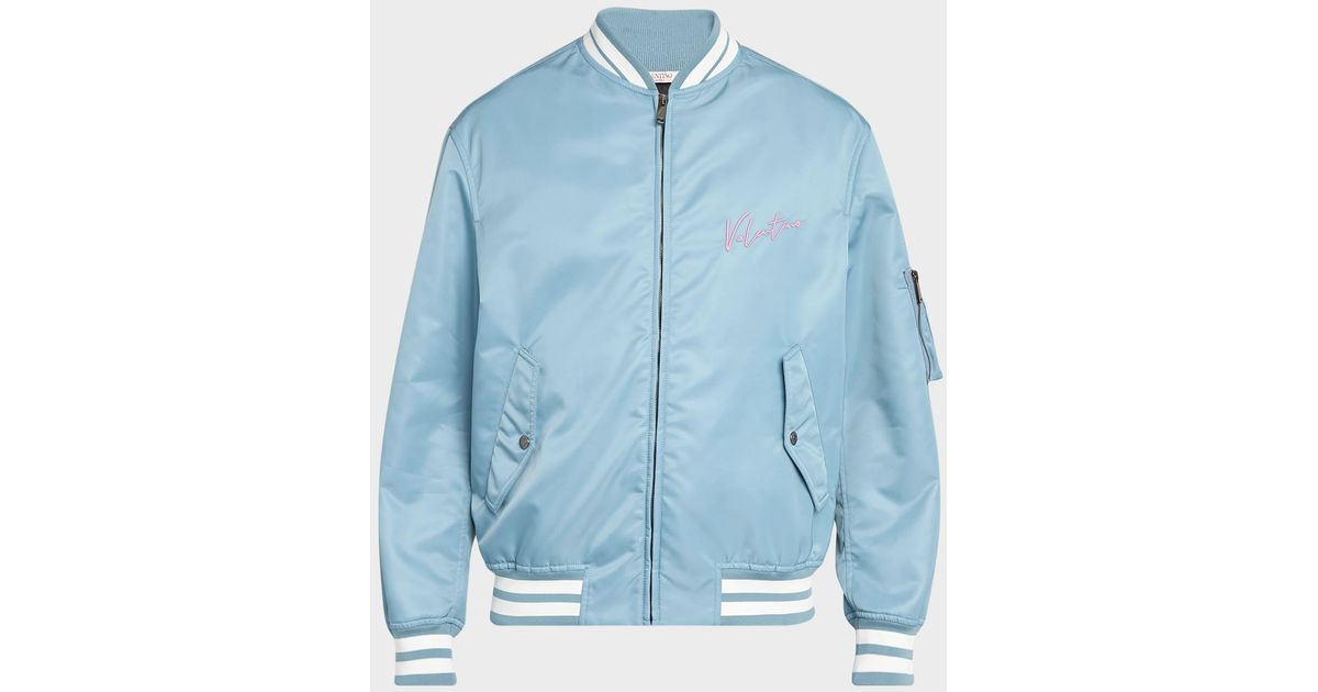 Valentino Embroidered Script Bomber Jacket in Blue for Men | Lyst
