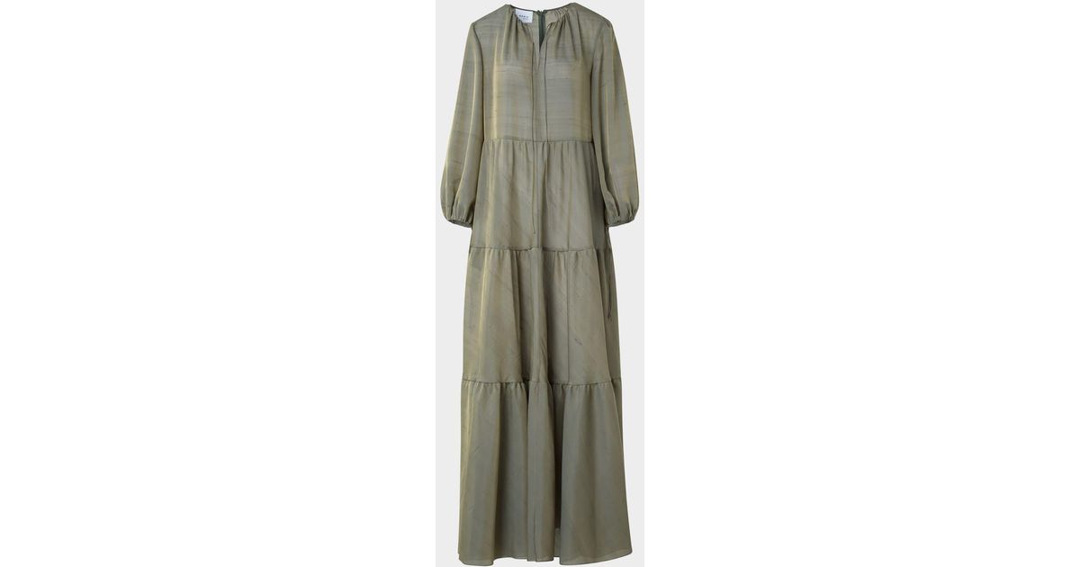 Akris Punto Long-Sleeve Tiered Silk Batiste A-Line Maxi Dress in Green ...