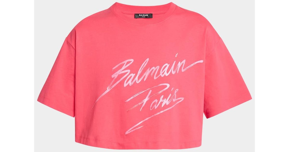 Balmain Logo Baseball Crop T-Shirt in Pink | Lyst