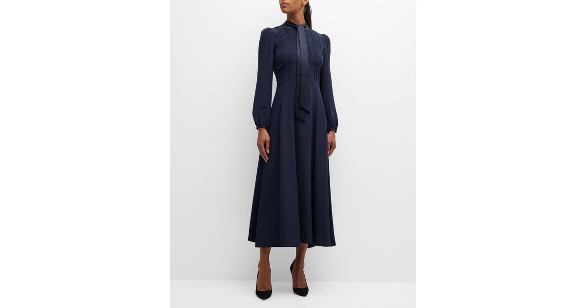 Adam Lippes Alison Long-Sleeve Scarf-Neck Silk Crepe Midi Dress in Blue ...