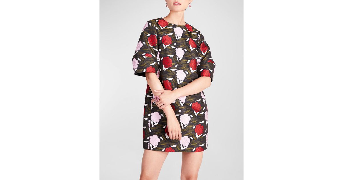 Kate Spade Rose Garden Puff-Sleeve Brocade Mini Dress in Red | Lyst