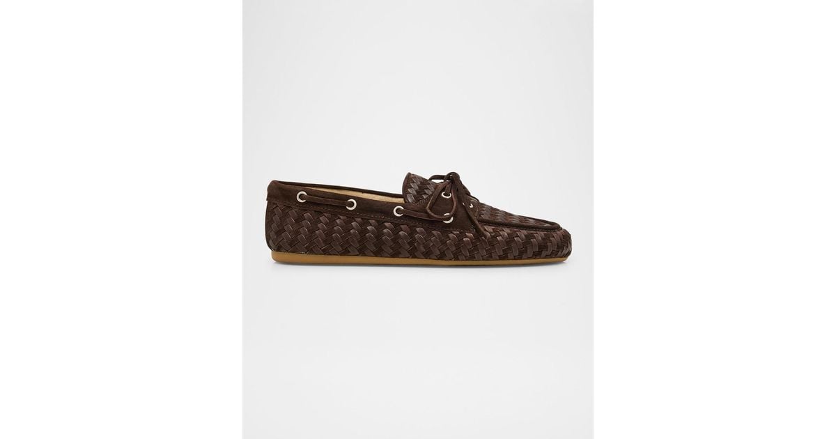 Miu Miu Bow Woven Suede & Leather Boat Shoes in Brown | Lyst