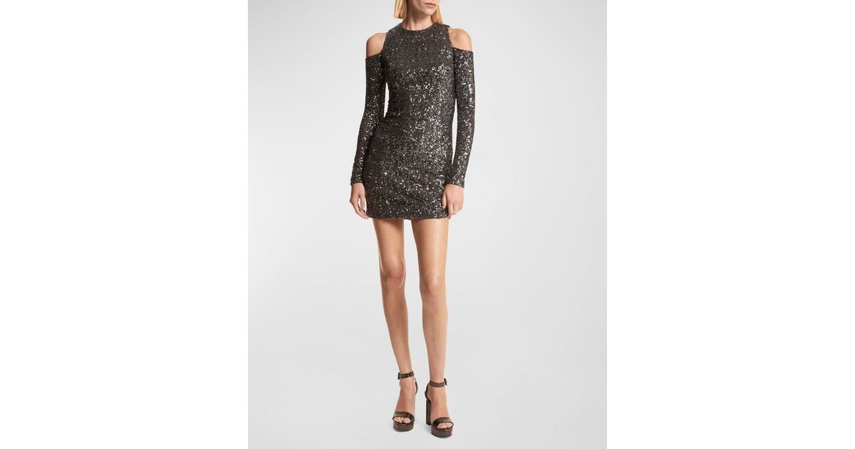 Michael Kors Sequin Cold Shoulder Long Sleeve Mini Dress In Black Lyst
