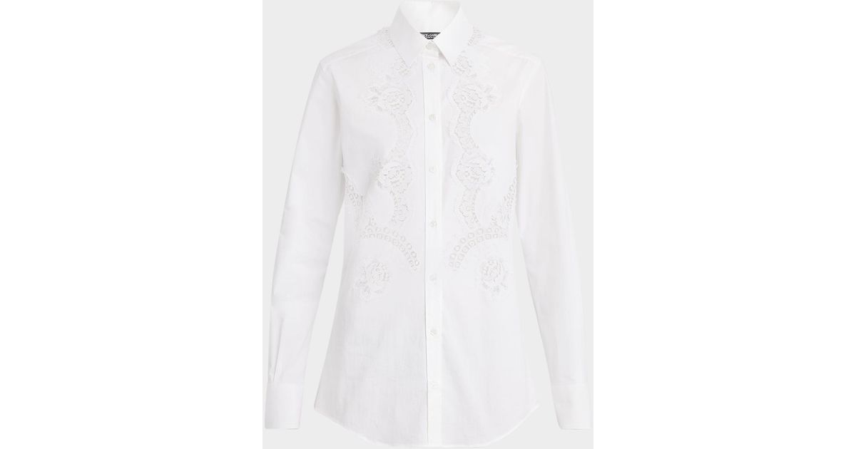 Dolce & Gabbana Lace Inset Poplin Button Down Blouse in White | Lyst