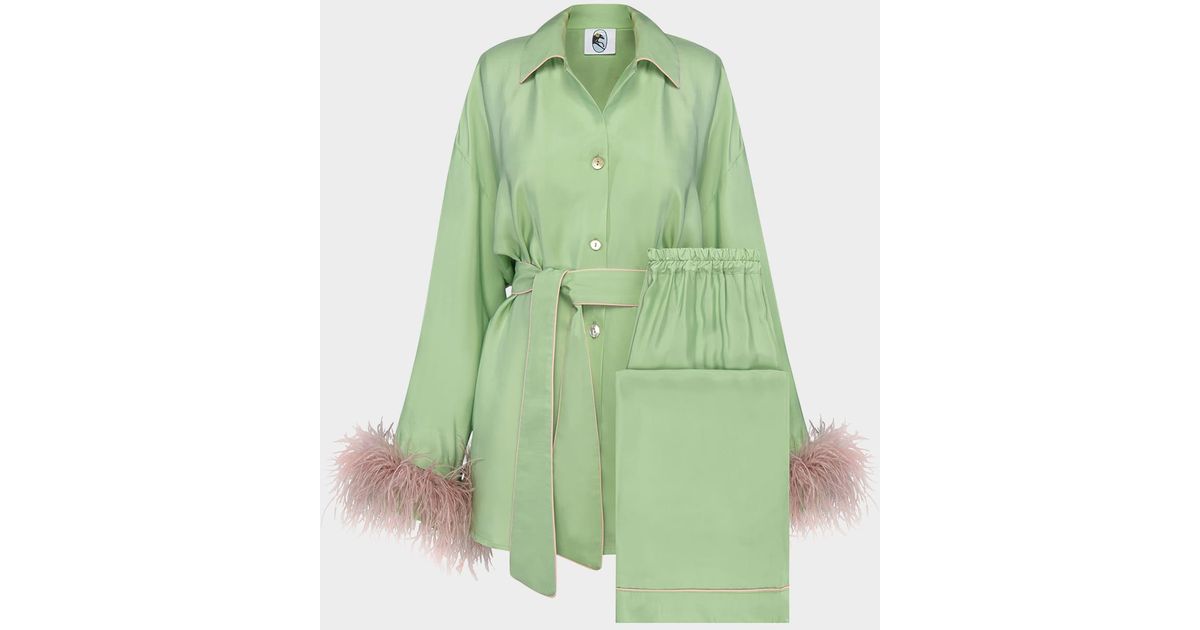 Sleeper Miss Cat Feather-Trim Pajama Set in Green | Lyst