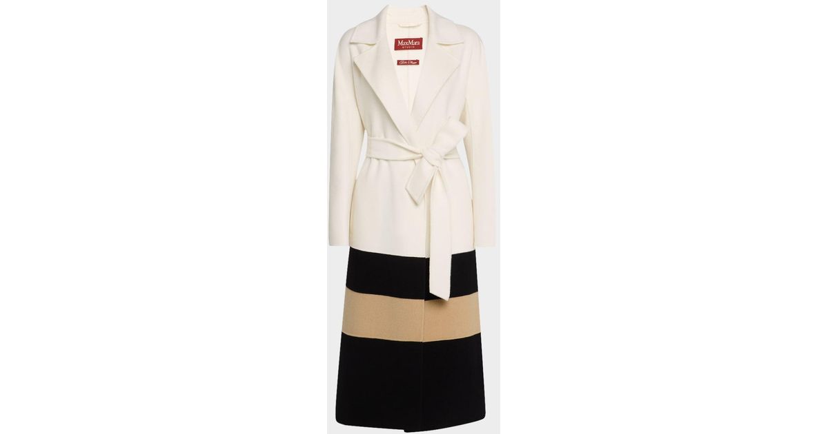 Max Mara Arena Colorblock Wool Wrap Coat in White | Lyst