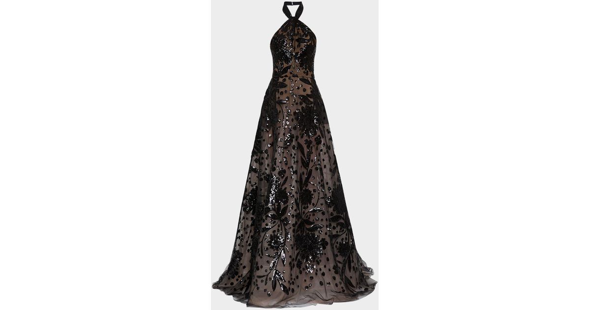 Elie Saab Floral Sequin Tulle Halter Gown in Black | Lyst