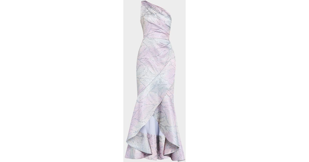 Teri Jon High-Low Metallic Jacquard Gown in White | Lyst