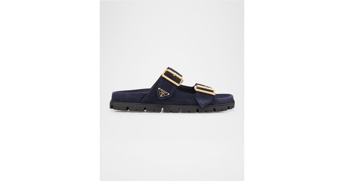 Prada Suede Double-Buckle Slide Sandals in Blue | Lyst