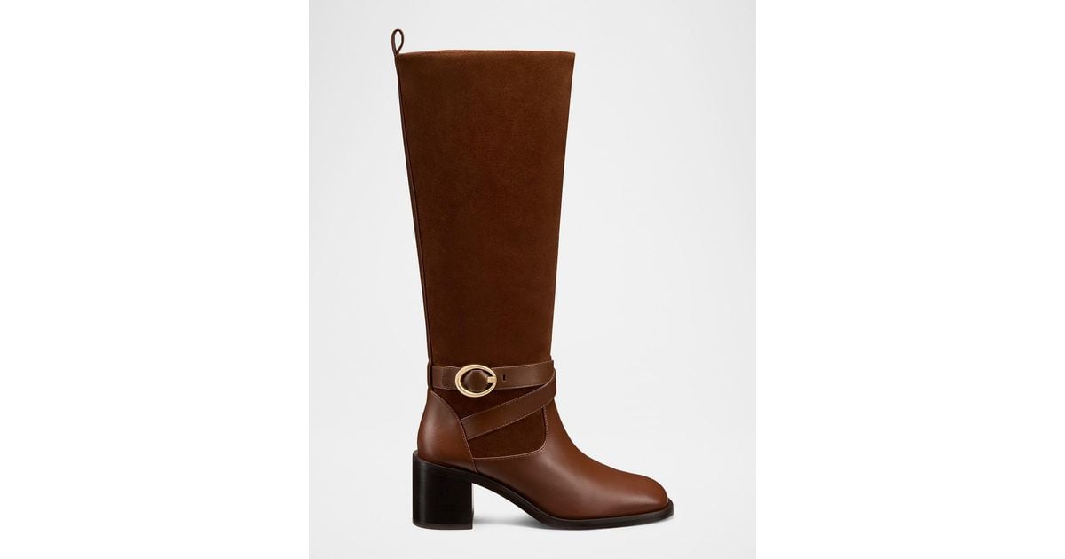 Stuart Weitzman 55Mm Benni Mixed Leather Riding Boots in Brown | Lyst
