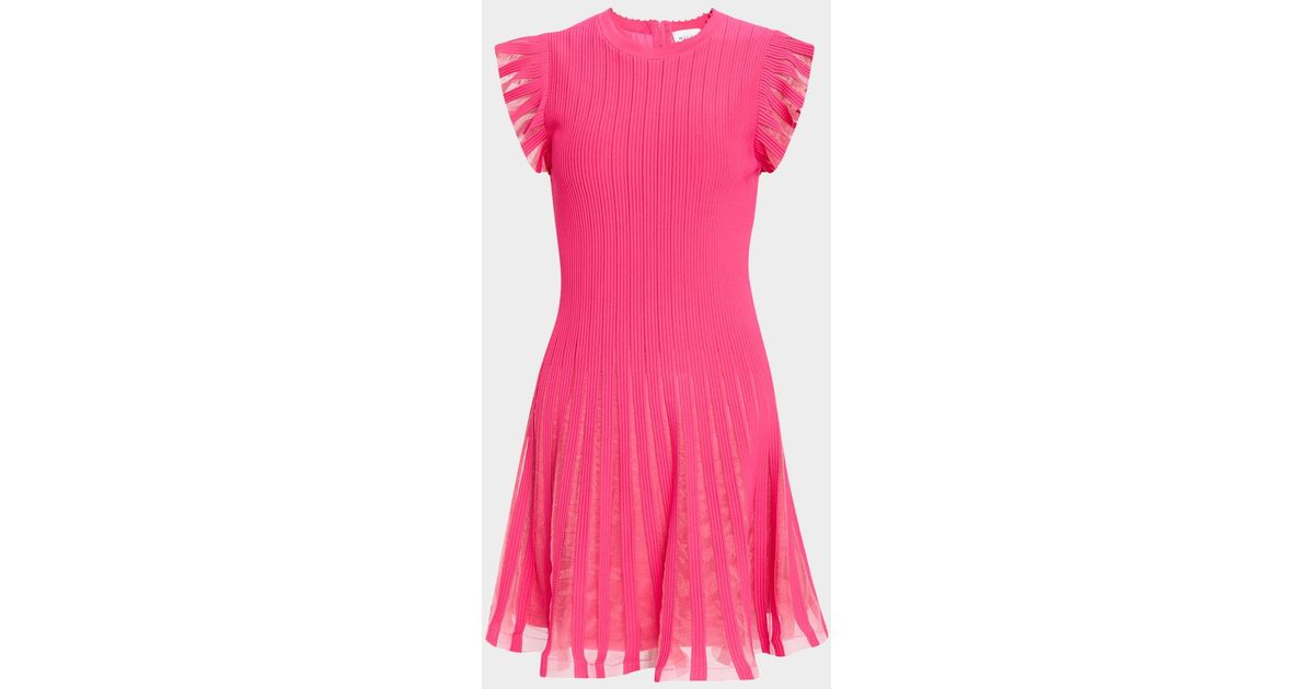 MILLY Sheer Flutter-Sleeve Knit Dress in Pink | Lyst