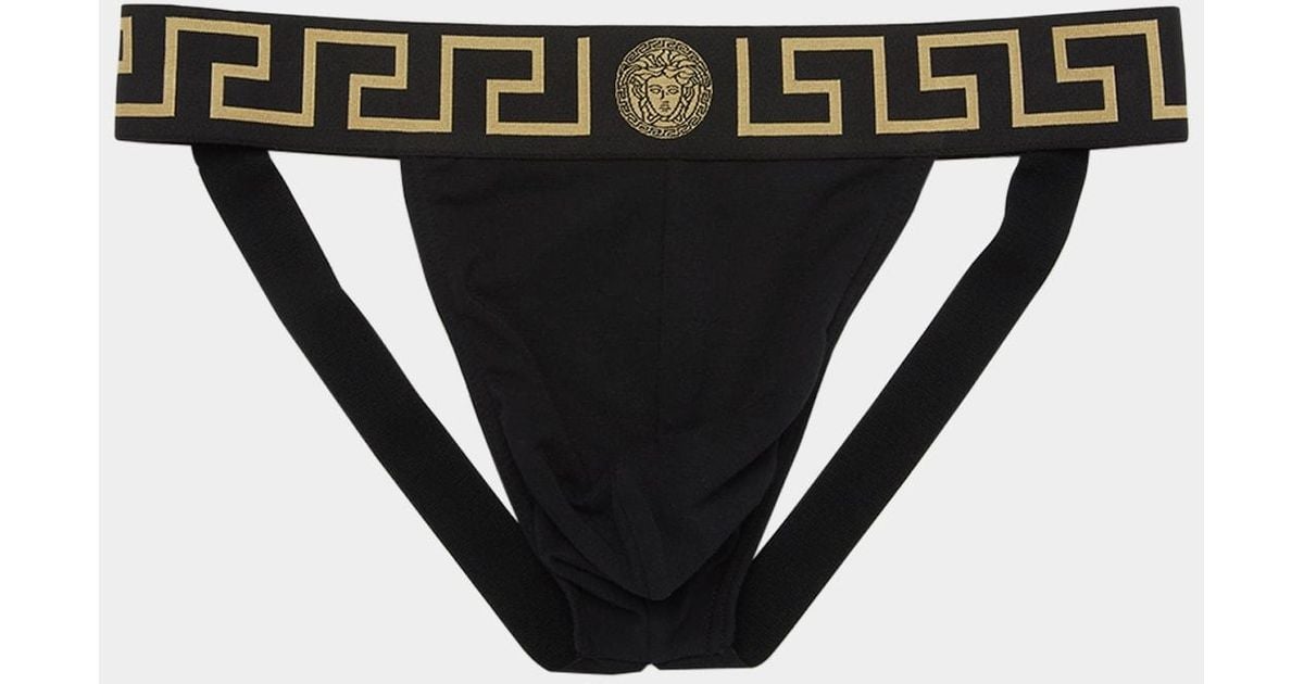 Versace Greek Key Organic Cotton Stretch Jock Strap in Black for Men | Lyst