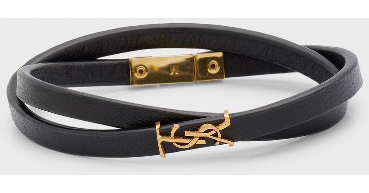 Saint Laurent Thin Leather Double Wrap Ysl Bracelet in Black | Lyst