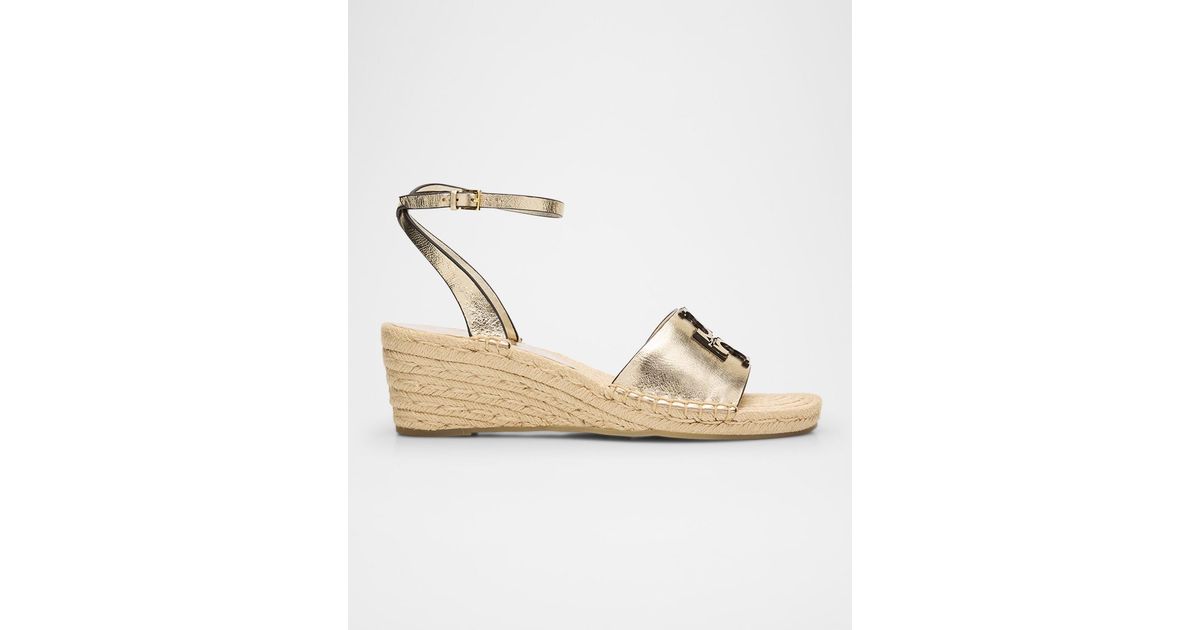 Tory Burch Ines Metallic Double T Wedge Espadrilles | Lyst