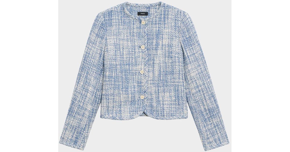 Theory Cotton Tweed Cropped Cardigan Jacket in Blue | Lyst