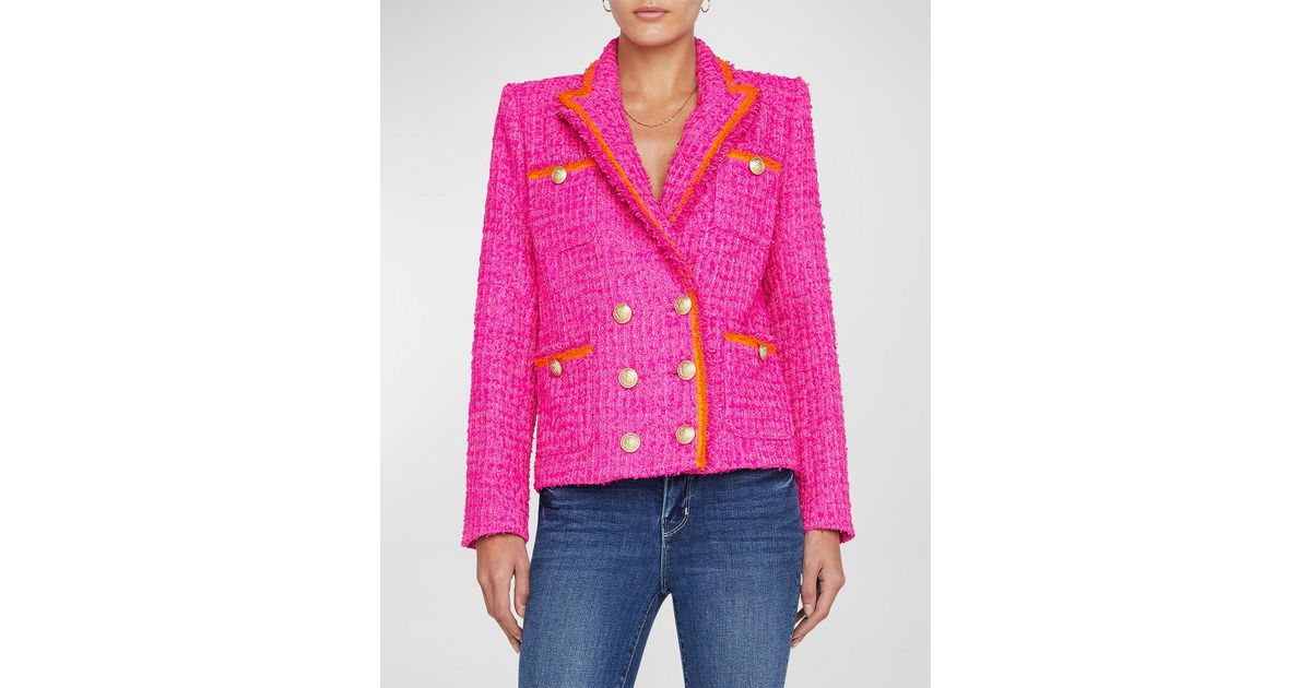 L'Agence Alectra Double Breasted Tweed Jacket in Pink | Lyst