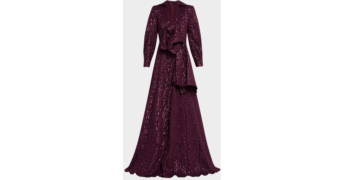Badgley Mischka Deep V-Neck Metallic Jacquard Bow Gown in Purple | Lyst