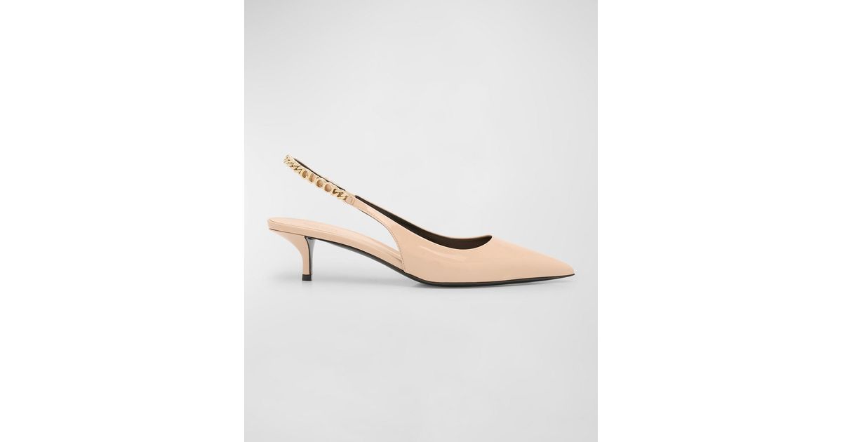 Gucci Signoria Patent Logo Chain Kitten Pumps in White | Lyst