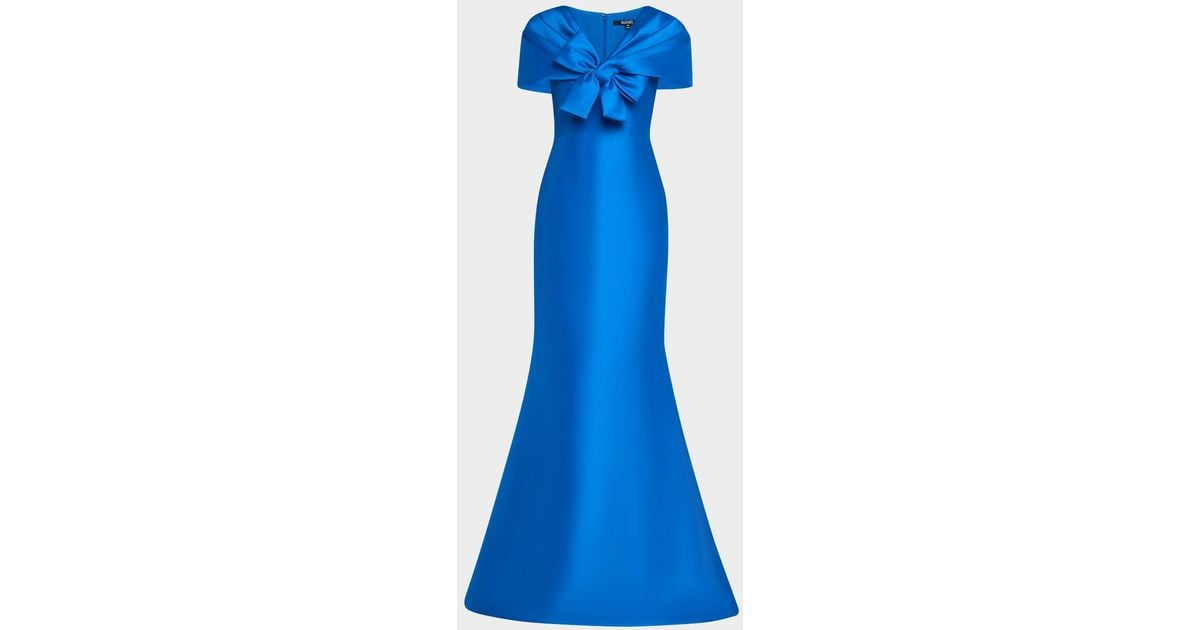 Badgley Mischka Bow-Front Shawl Trumpet Gown in Blue | Lyst
