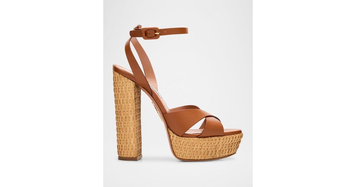 Aquazzura Sunseeker Wicker And Leather Block-Heel Sandals in Brown | Lyst