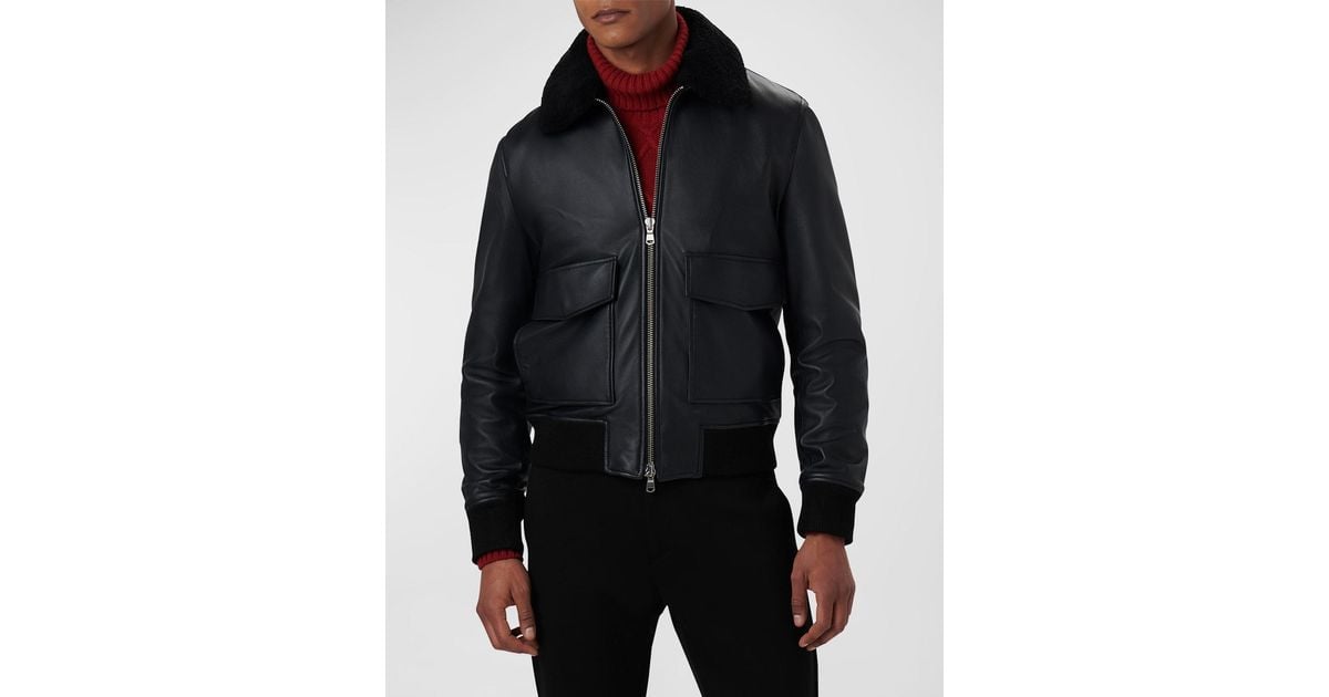Bugatchi Shearling-collar Leather Bomber Jacket in Black for Men | Lyst