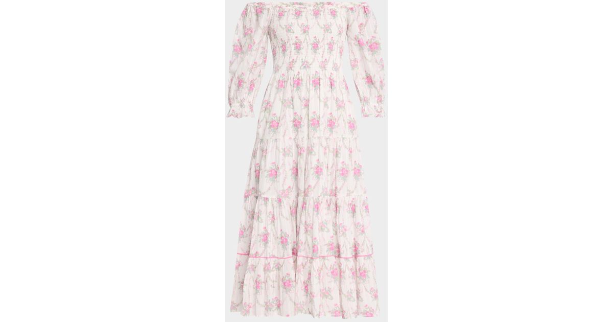 LoveShackFancy Rigby Cotton Floral Midi Dress in Pink | Lyst