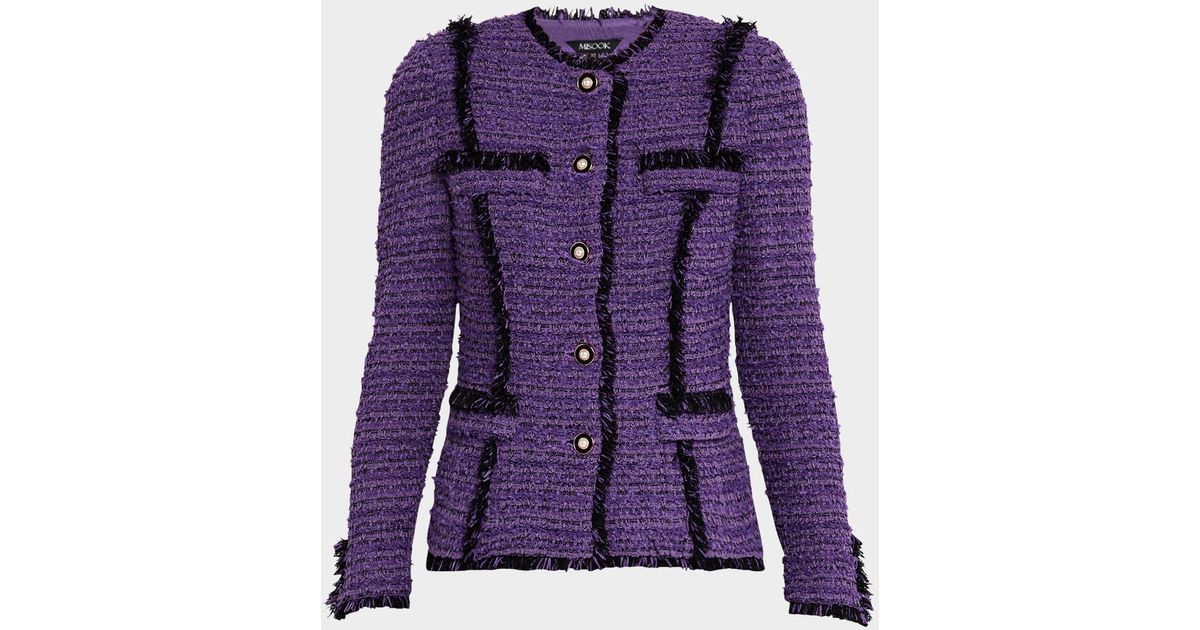 Misook Fringe-Trim Tailored Tweed Knit Jacket in Purple | Lyst