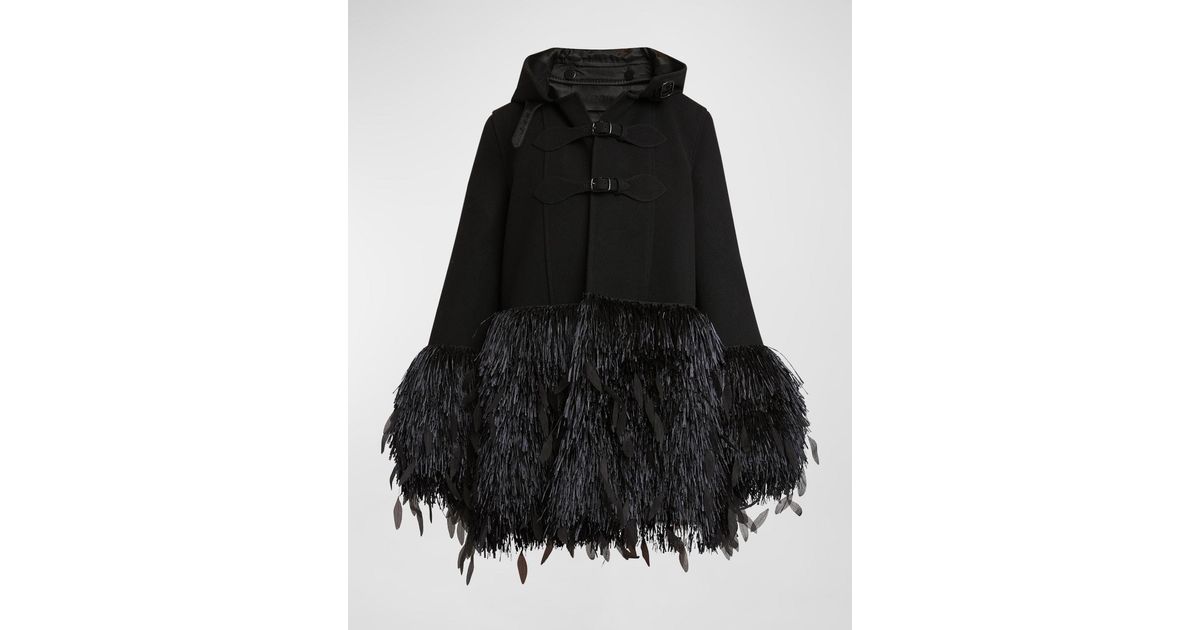 Valentino Garavani Montgomery Raffia Fringe Hooded Wool Coat in Black ...