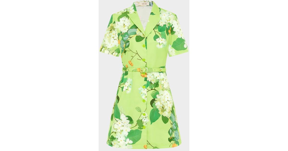 LEO LIN Brigitte Floral-Print Belted Mini Shirtdress in Green | Lyst