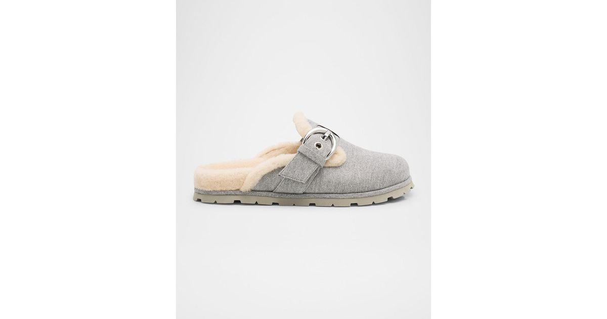 Stuart Weitzman Chrystie Shearling-Lined Flannel Mules in White | Lyst