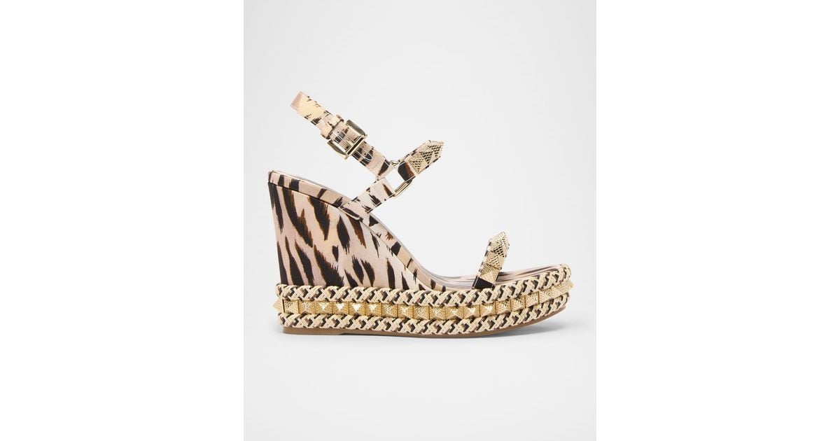 Christian Louboutin Pyraclou Leopard Spike Wedge Sandals in Metallic | Lyst