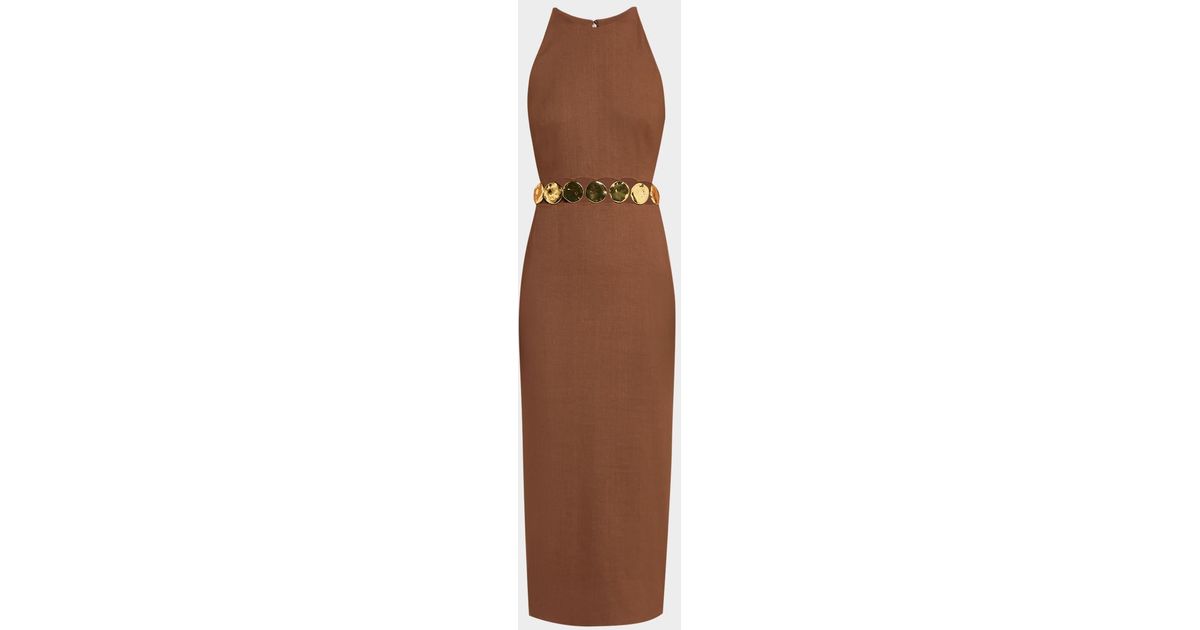 Veronica Beard Isla-Disc Linen Midi Dress in Brown | Lyst