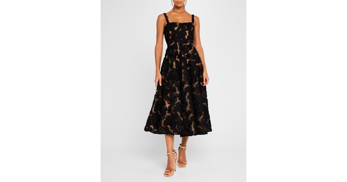 Bronx and Banco Sabrina A-Line Floral Applique Midi Dress in Black | Lyst