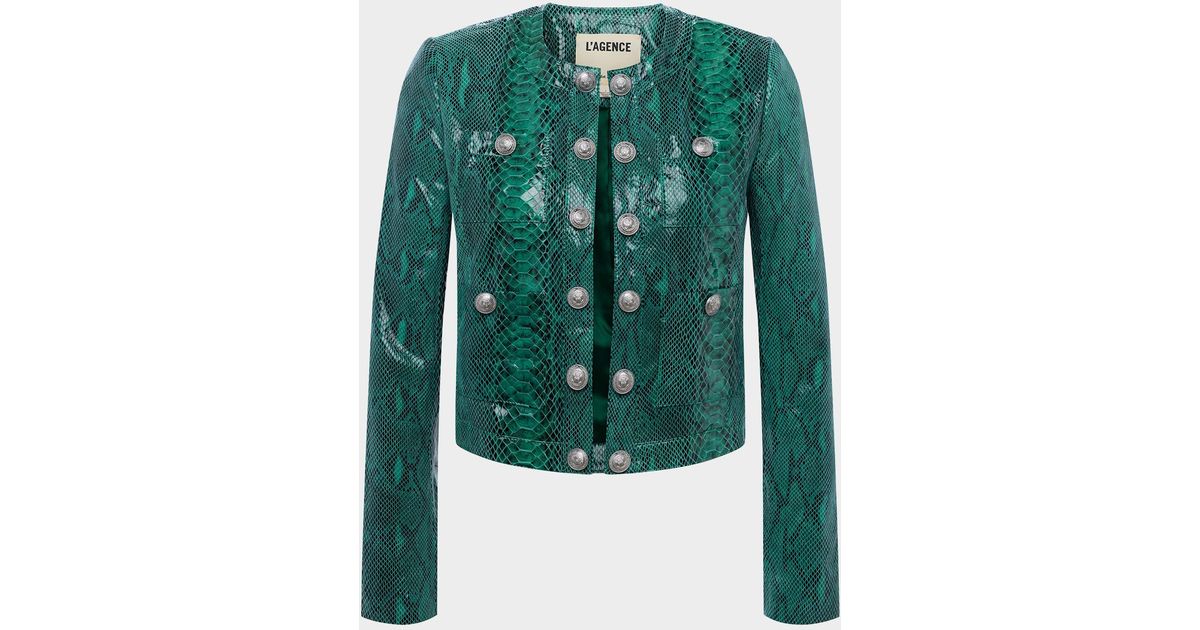 L'Agence Jayde Collarless Snake-Printed Leather Jacket in Green | Lyst