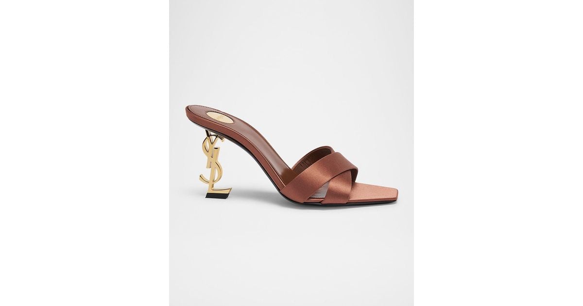 Saint Laurent Opyum Ysl Logo-Heel Satin Slide Sandals in Brown | Lyst