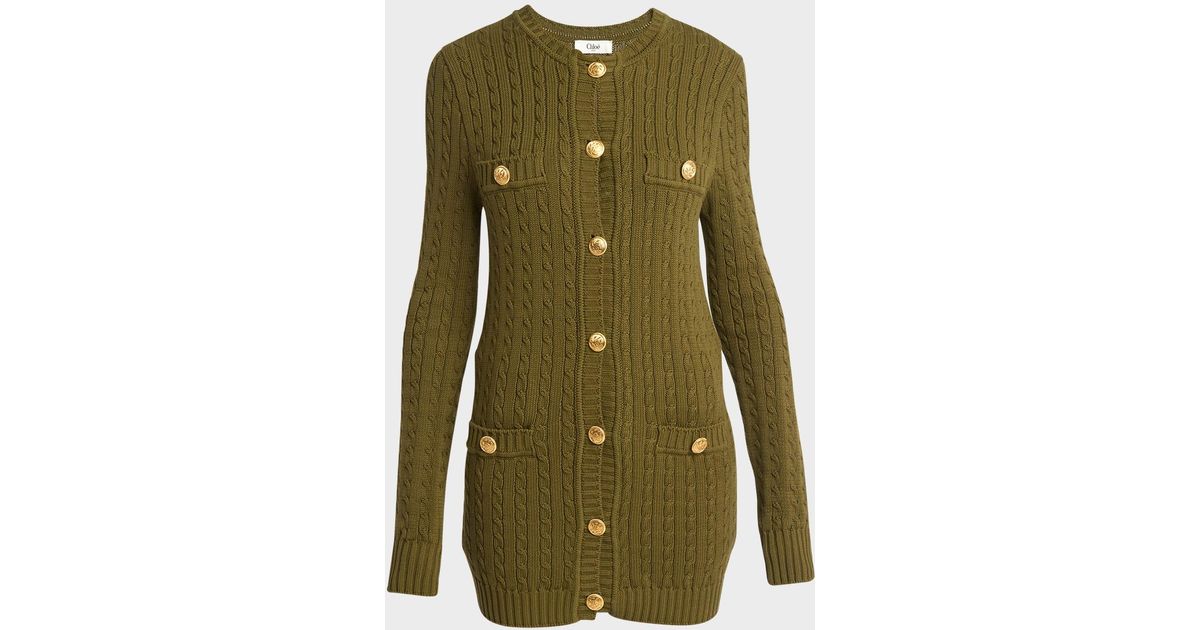 Chloé Cable-Knit Cardigan With-Tone Buttons in Green | Lyst