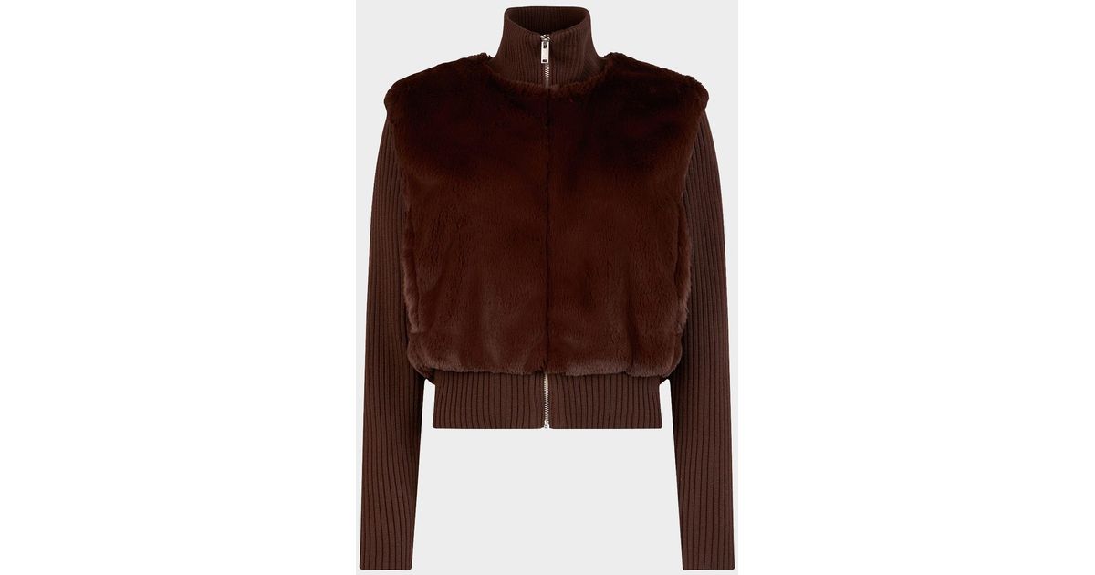 Moose Knuckles Dua Bunny Faux-Fur Ribbed Sweater Jacket in Red | Lyst