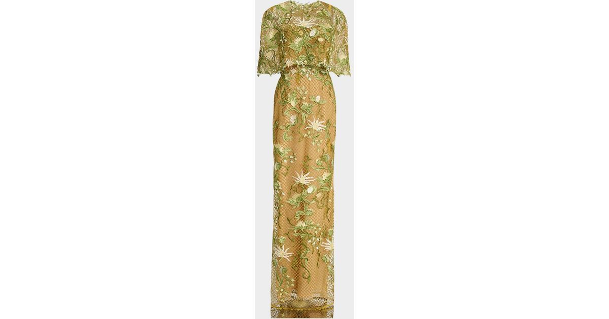 Marchesa Floral-Embroidered Capelet Column Gown in Metallic | Lyst