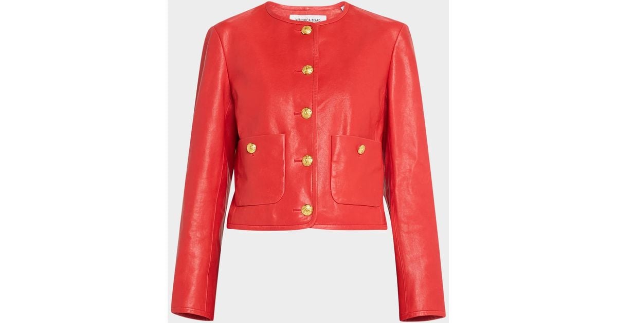 Veronica Beard Andrea Button-Down Leather Jacket in Red | Lyst