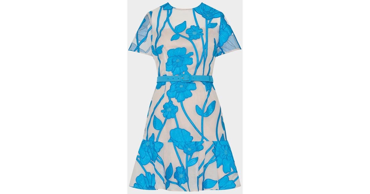MILLY Rosie Floral Applique Flounce Mesh Mini Dress in Blue | Lyst