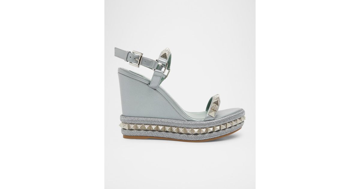 Christian Louboutin Pyraclou Metallic Spike Sole Wedge Sandals in Gray ...