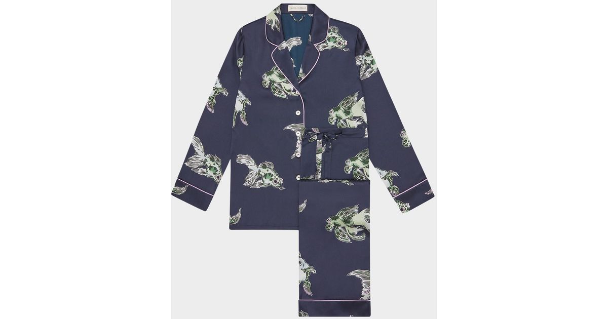 Olivia Von Halle Lila Fish-Print Silk Pajama Set in Blue | Lyst